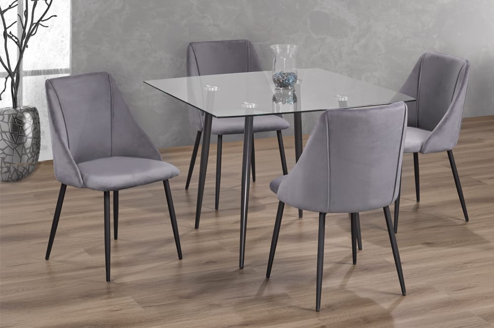 Tempered Glass Dining Table With 4 Grey Chairs T3476 T212
