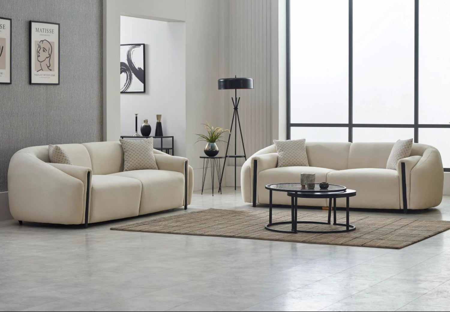 Heaven Soft Textured Fabric Ivory Sofa Set with Black Metal Accents
